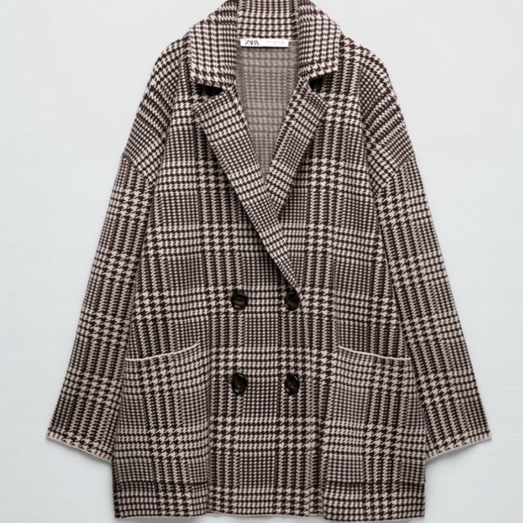 Zara | Jackets & Coats | Zara Houndstooth Knit Blazer In Brown | Poshmark